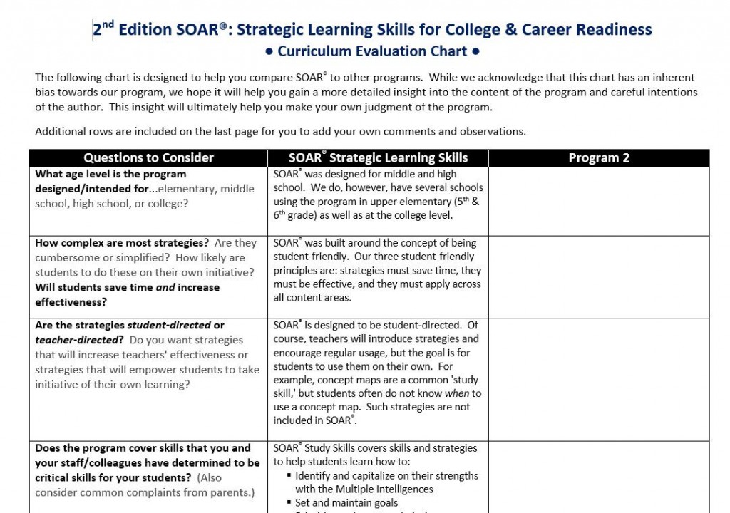 SOAR® Study Skills Curriculum Evaluation Chart - Study Skills by SOAR Learning